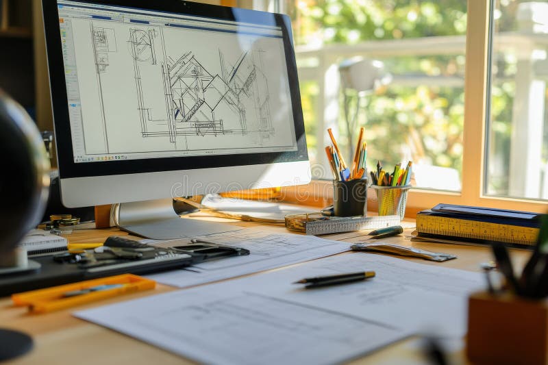 Modern Engineering Desk with Detailed Plans and Tools for Design Work ...