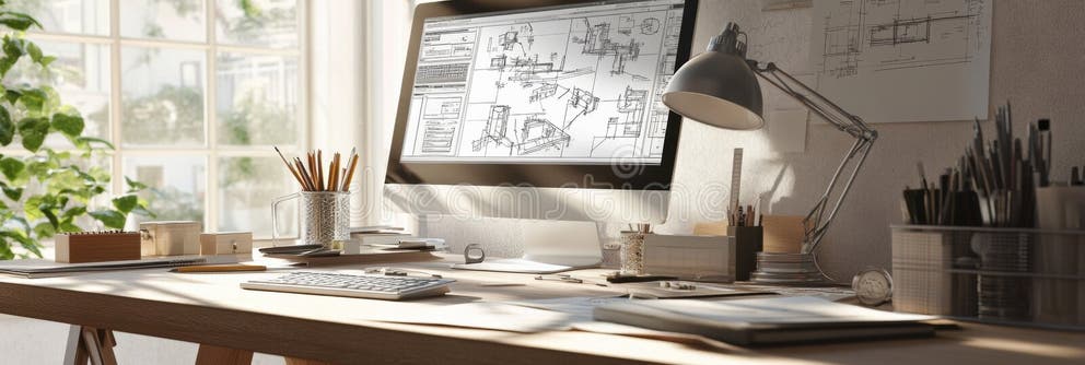 Modern Engineering Desk with Detailed Sketches and Ample Copy Space for ...