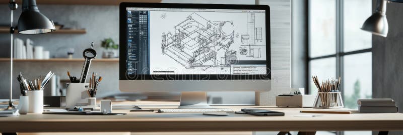 Modern Engineering Desk with Digital Design Tools and Ample Workspace ...