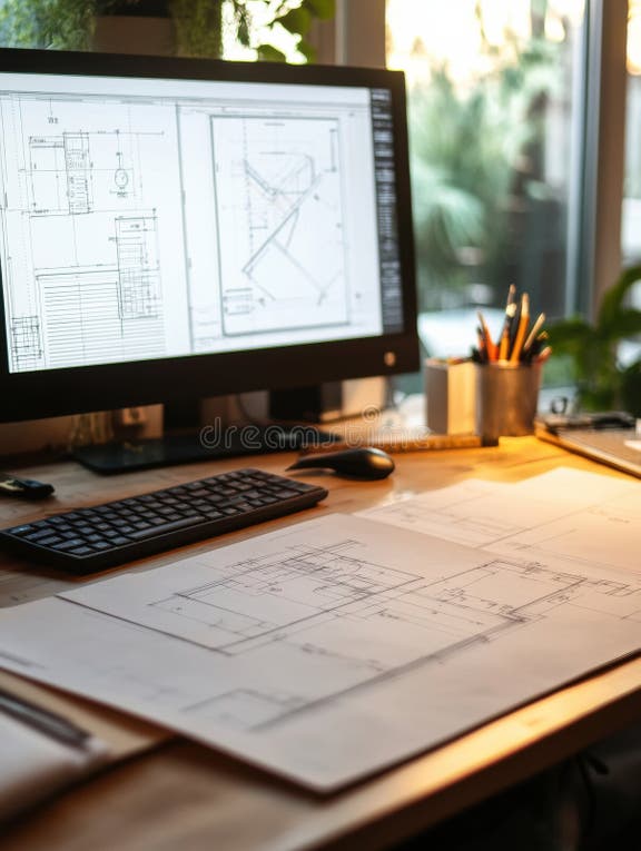 Modern Engineering Desk with Drafting Plans and Computer Setup ...