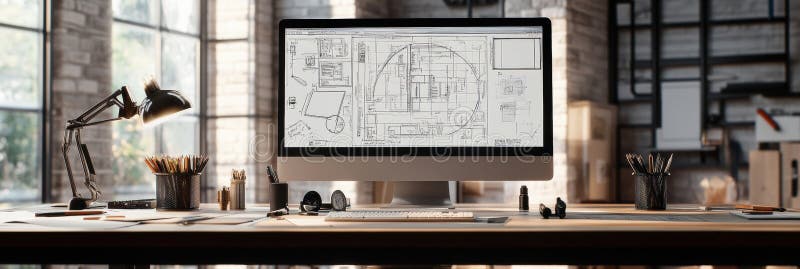 Modern Engineering Desk with Drafting Screen and Office Supplies in a ...