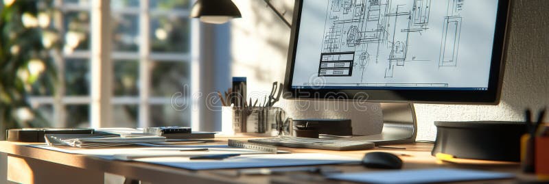 Modern Engineering Desk with Drafting Tools and Design Plans in a ...