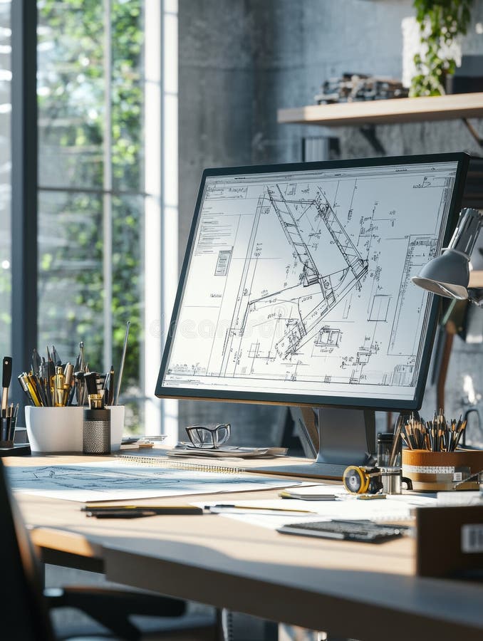 Modern Engineering Desk Featuring a Blueprint on Display with Tools and ...