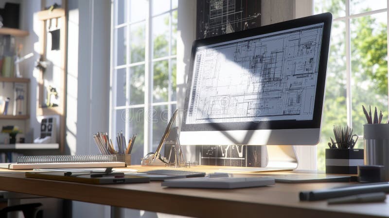 Modern Engineering Desk Featuring Blueprints and Tools in a Bright ...