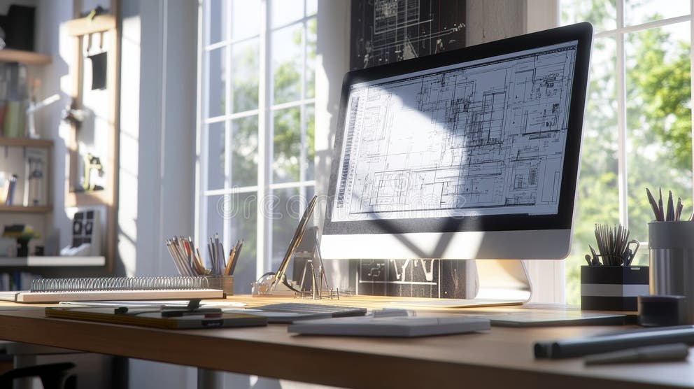 Modern Engineering Desk Featuring Blueprints and Tools in a Bright ...