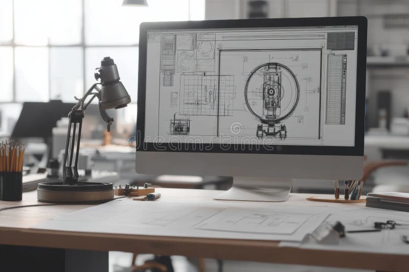 Modern Engineering Desk with Large Monitor Displaying Technical ...