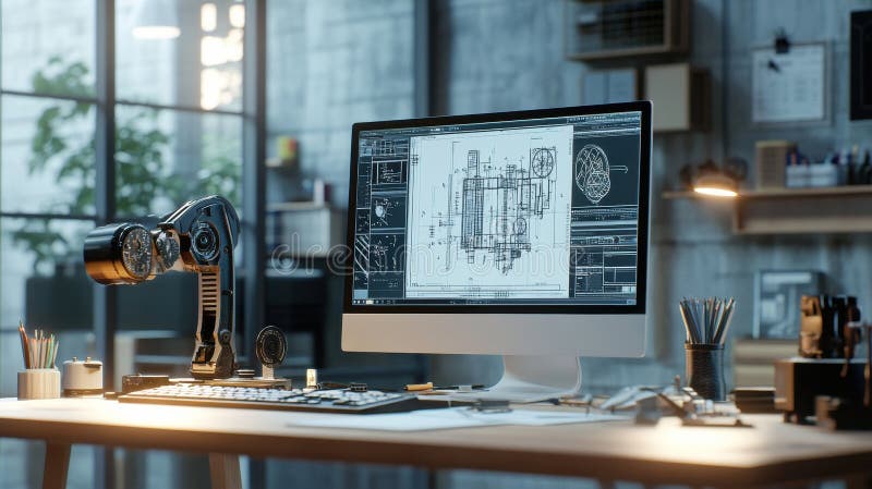 Modern Engineering Desk Showcasing Design Plans and Tools in a Bright ...