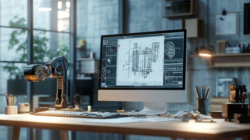 Modern Engineering Desk Showcasing Design Plans and Tools in a Bright ...