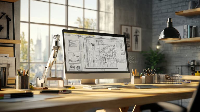 Modern Engineering Desk Showcasing Project Design Plans in a Bright ...