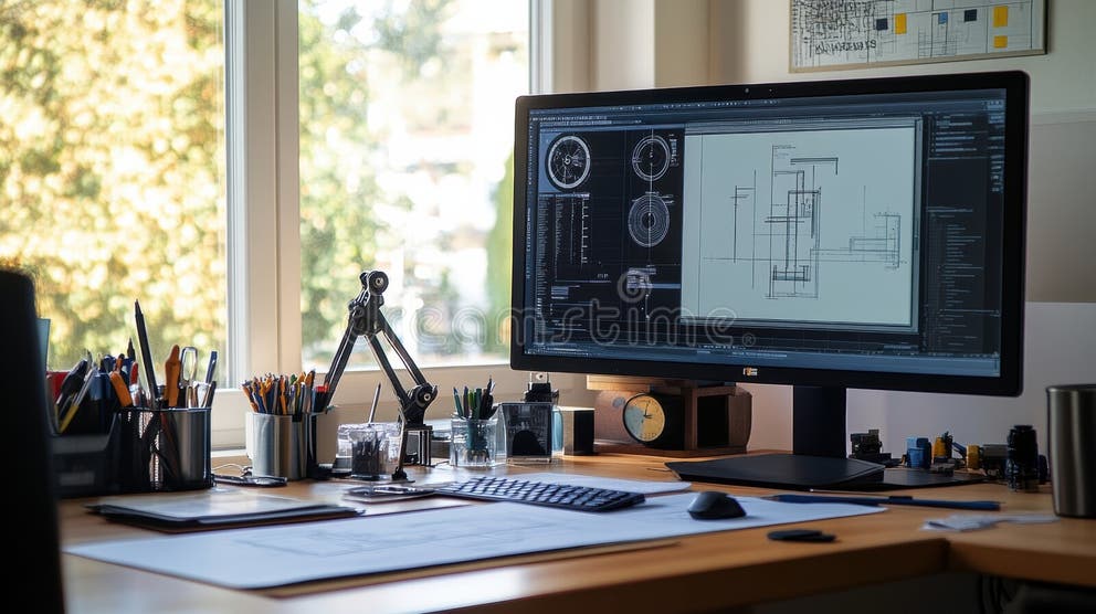 Modern Engineering Desk Workspace with Computer Display and Organized ...