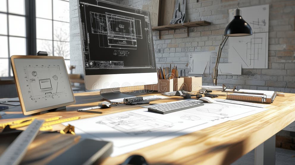 Modern Engineering Desk with Workspace and Digital Tools in a Bright ...