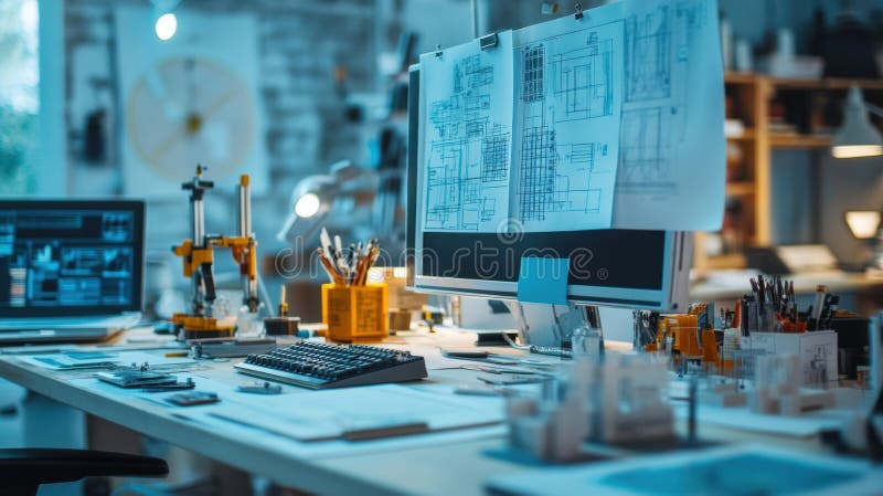 Modern Engineering and Industrial Design Office Showing Blueprints and ...