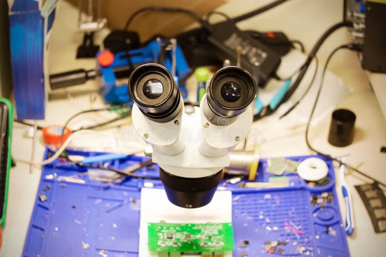 Modern Engineering Microscope Over Green Board Closeup Stock Image ...