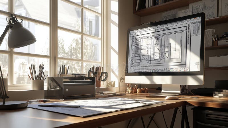 Modern Engineering Workstation Featuring a Large Screen and Creative ...