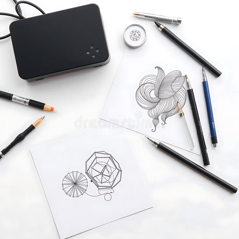 Modern Engraving Tools Arranged beside Digital Design Sketches on a ...