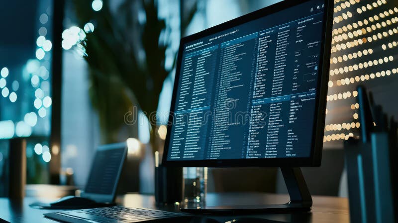 Modern Enrollment Database System on Monitor Office Setting Digital Display Nighttime Technology ...