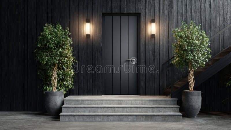 The Modern Entrance Featuring a Sleek Black Door and Lush Greenery. AI ...