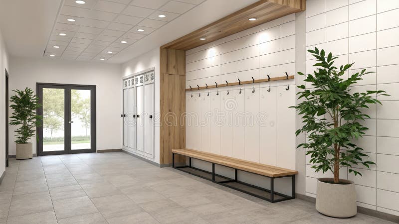 Modern Entry Hall with Bench and Wall Hooks Stock Image - Image of ...