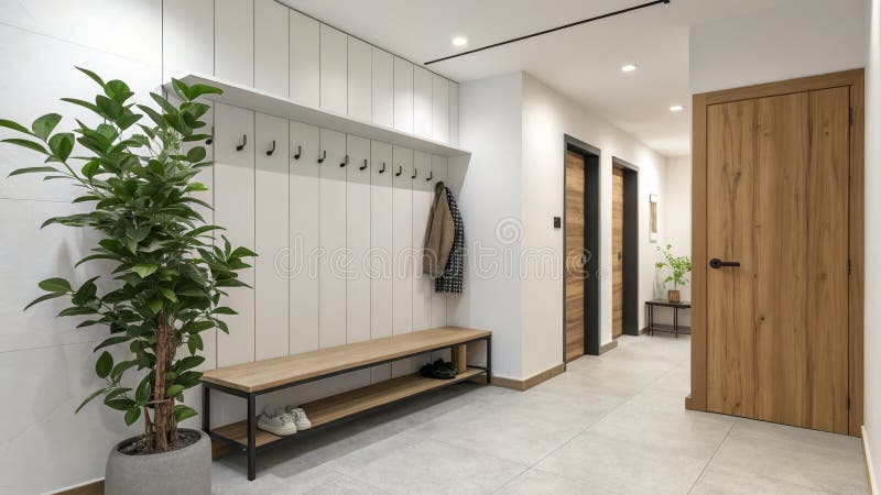 Modern Entry Hall with Minimalist Bench and Wall Hooks Stock Photo ...