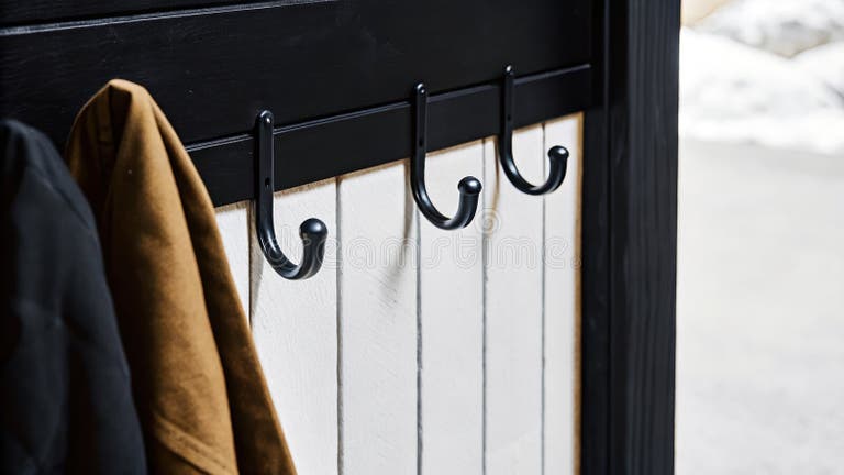Modern Entryway with Coat Hooks and Hanging Jackets Stock Image - Image ...