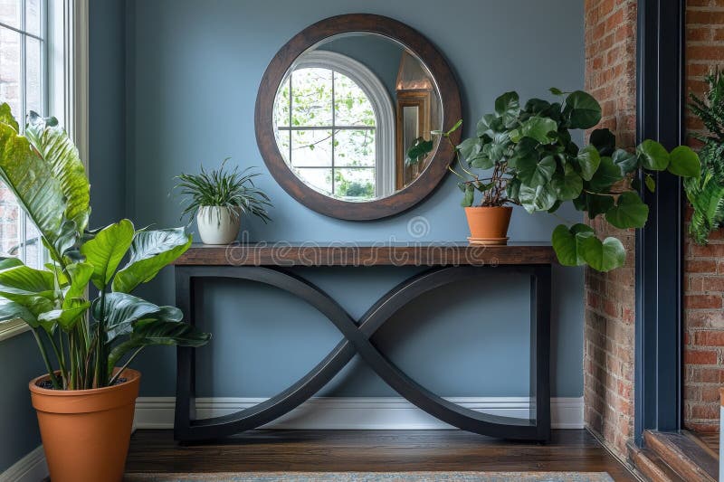 Modern Entryway with Infinity Console Table, Round Mirror, and Potted ...