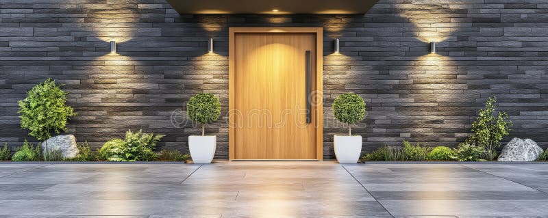 Modern Entryway Wood Door, Stone Wall, Night Lighting Stock ...