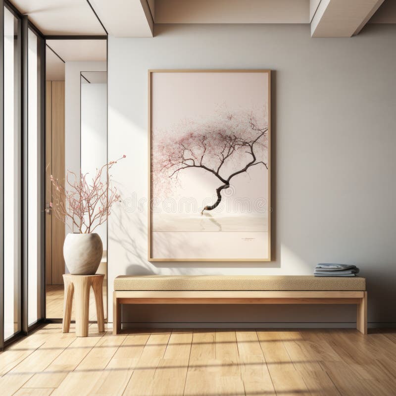 A Modern Entryway with Wooden Floor, Brown Wooden Bench and a Large ...
