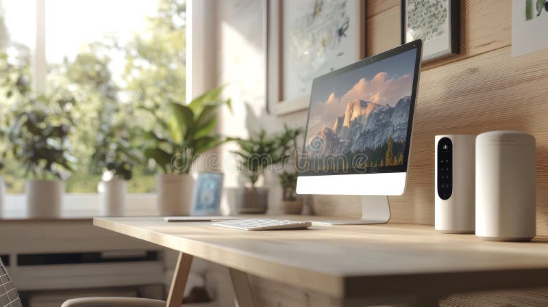 Modern Ergonomic Workspace Computer Plants and Virtual Assistant in a ...