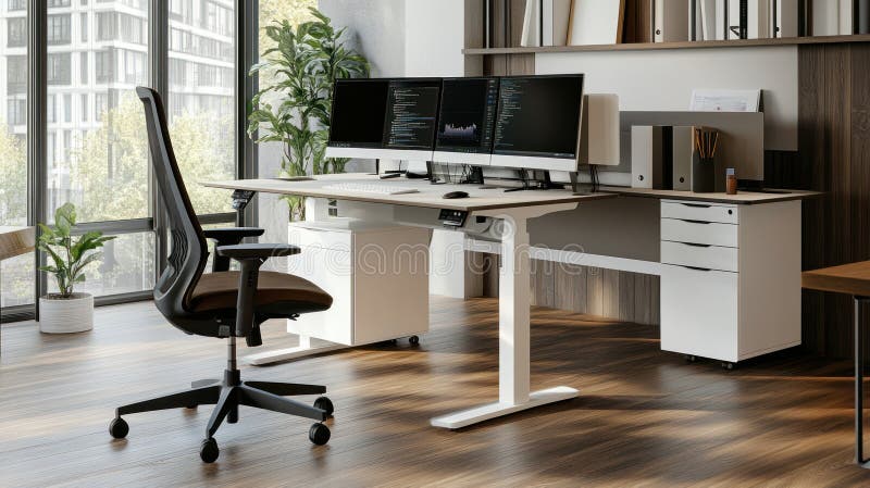 Modern Ergonomic Workspace with Standing Desk, Comfortable Chair, and ...