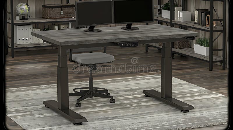 Modern Ergonomic Workstation Featuring a Height Adjustable Standing Desk Setup Stock ...