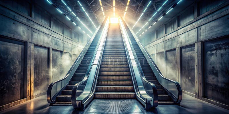 Modern Escalator Ascending Towards a Bright Light Source in a ...