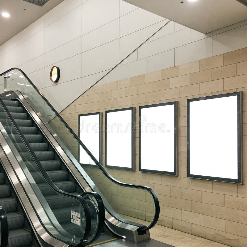 Modern Escalator with Blank Light Boxes on Wall Stock Illustration ...