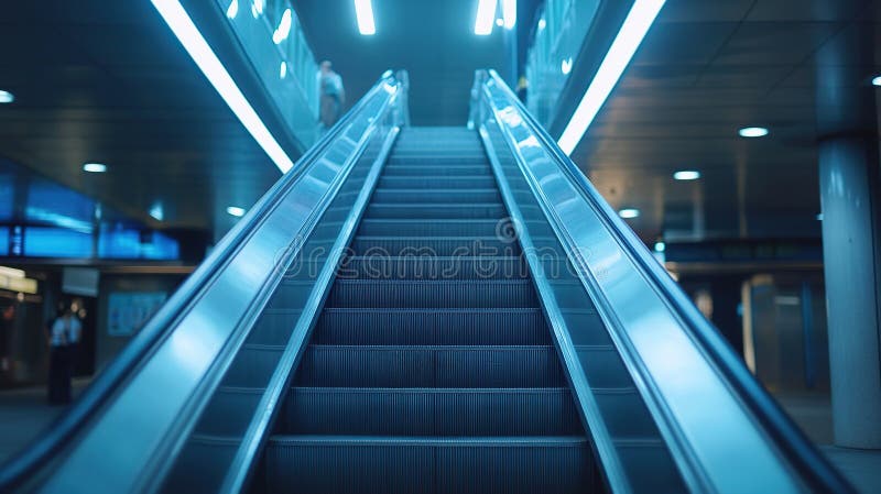 Modern Escalator in a Bright Blue-lit Underground Station Stock ...