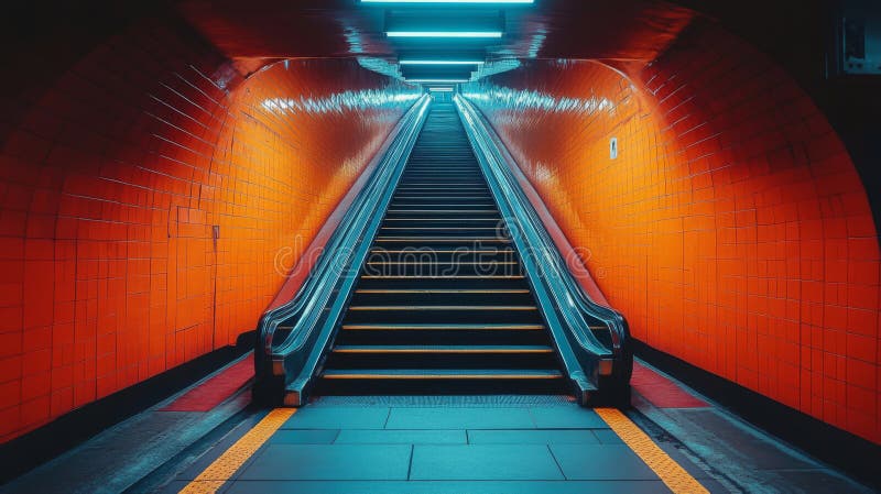 Escalator Tunnel with Red Tiles Stock Illustration - Illustration of ...