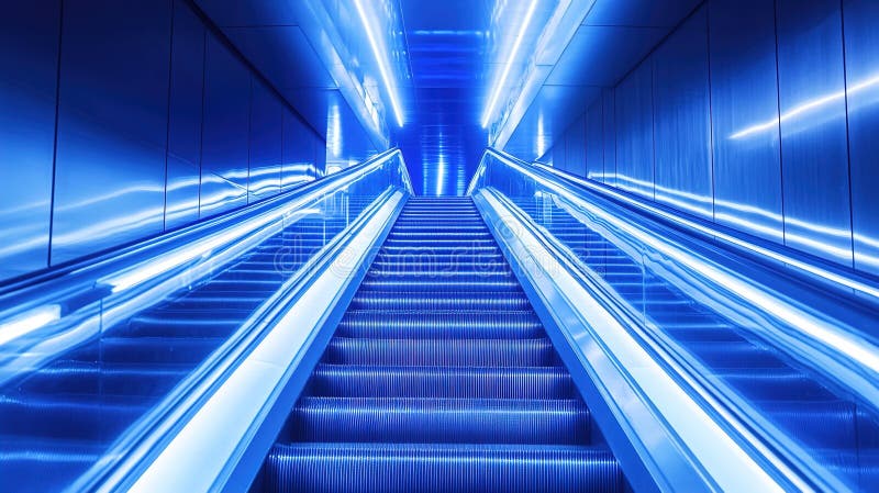 A Modern Escalator Leading into a Bright Blue Lighted Space ...