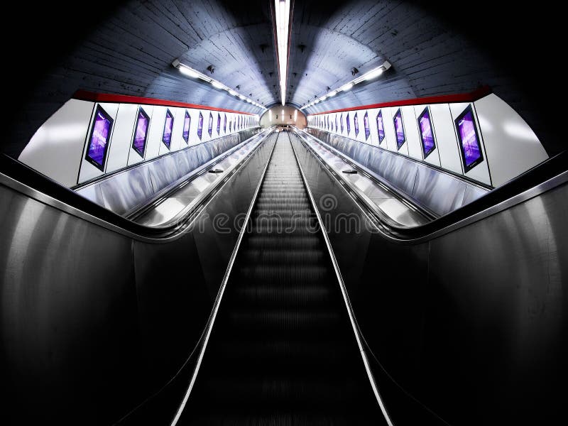 Modern Escalator Path with Illuminated Lights Stock Photo - Image of ...