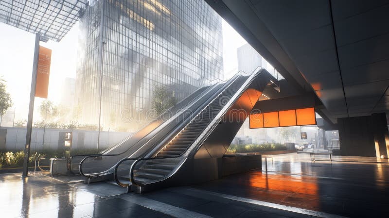 Modern Escalator System between City Buildings at Sunrise Stock Image ...
