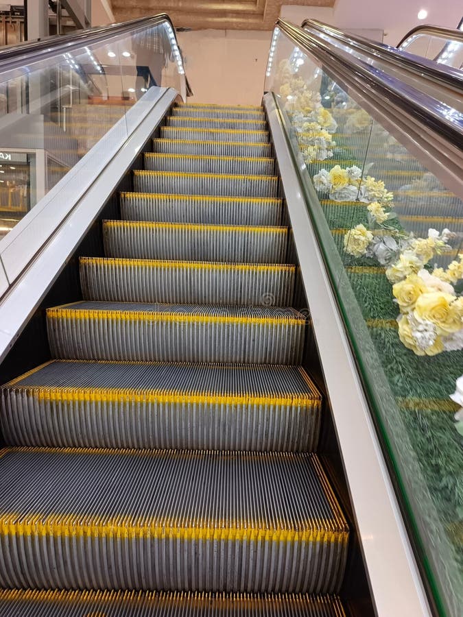 Modern Escalator with Yellow Steps and Decorative Flowers, Symbolizing ...