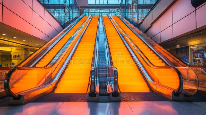 Modern Escalators in Shopping Center with Orange Illumination ...