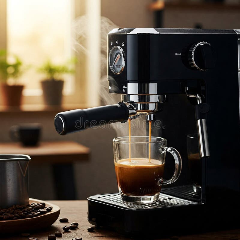 Modern Espresso Coffee Machine with Steaming Glass Mug in Cozy Kitchen ...