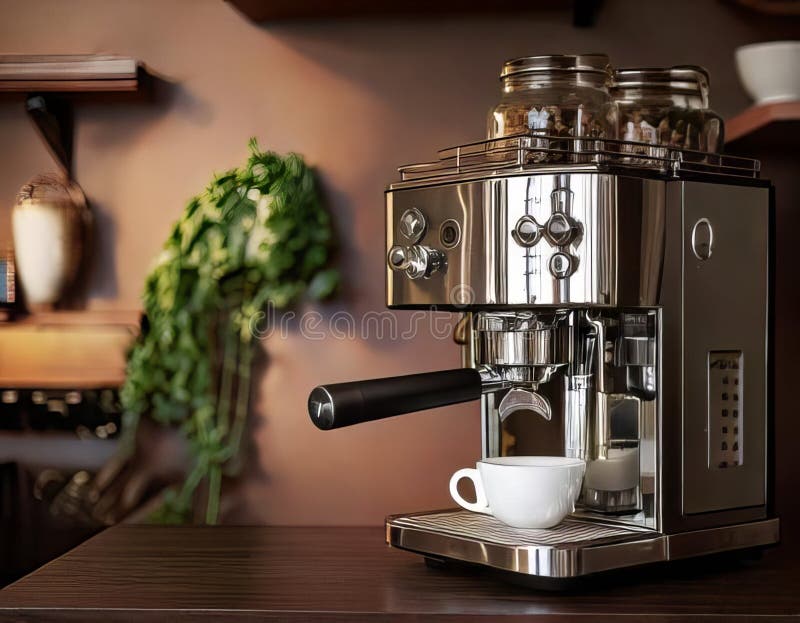 Modern Espresso Machine Brewing Coffee in Cozy Kitchen Stock ...