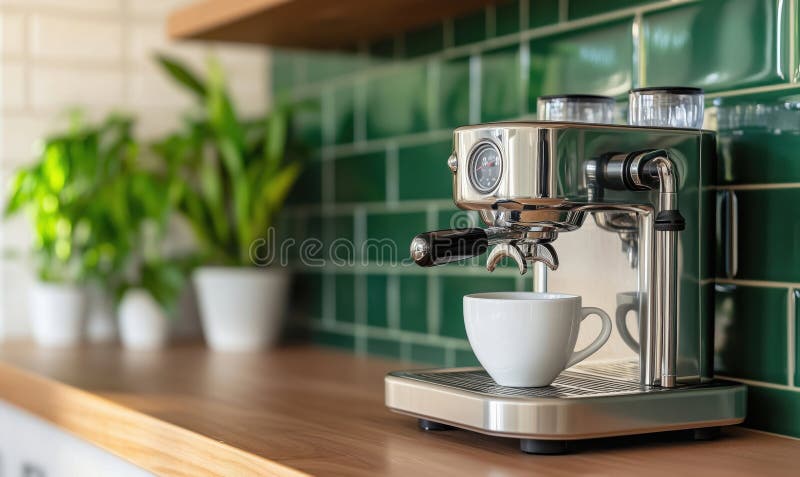 Modern Espresso Machine Brewing Coffee in Stylish Kitchen with Green ...