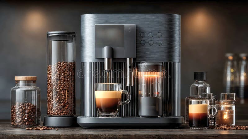 Modern Espresso Machine Brewing Two Shots of Coffee in a Warm, Inviting ...