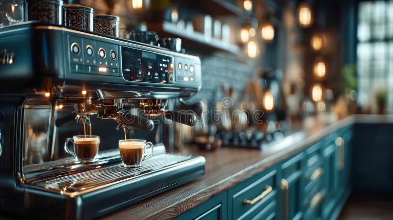 Modern Espresso Machine Brewing Two Shots of Coffee in a Warm, Inviting ...