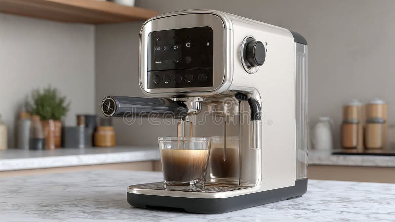 Modern Espresso Machine Brewing Two Shots of Coffee in a Warm, Inviting ...
