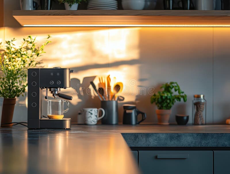 Modern Espresso Machine on Kitchen Counter with Warm Lighting Stock ...