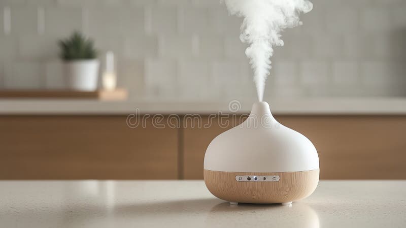Aromatherapy Diffuser Releasing Steam in Minimalist Kitchen Space Stock ...