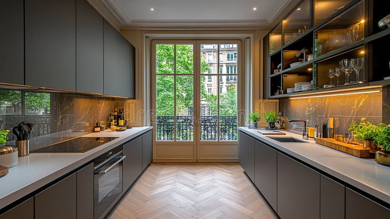 Modern European Kitchen with City Views Stock Illustration ...