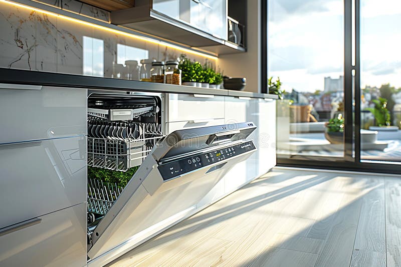 Modern European Kitchen with an Open White Dishwasher in a Bright ...