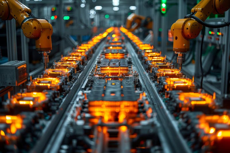 Modern Ev Factory Robot Arms Transporting Battery Modules in Automated ... Modern Ev Factory Robot Arms Transporting Battery Modules in Automated ...